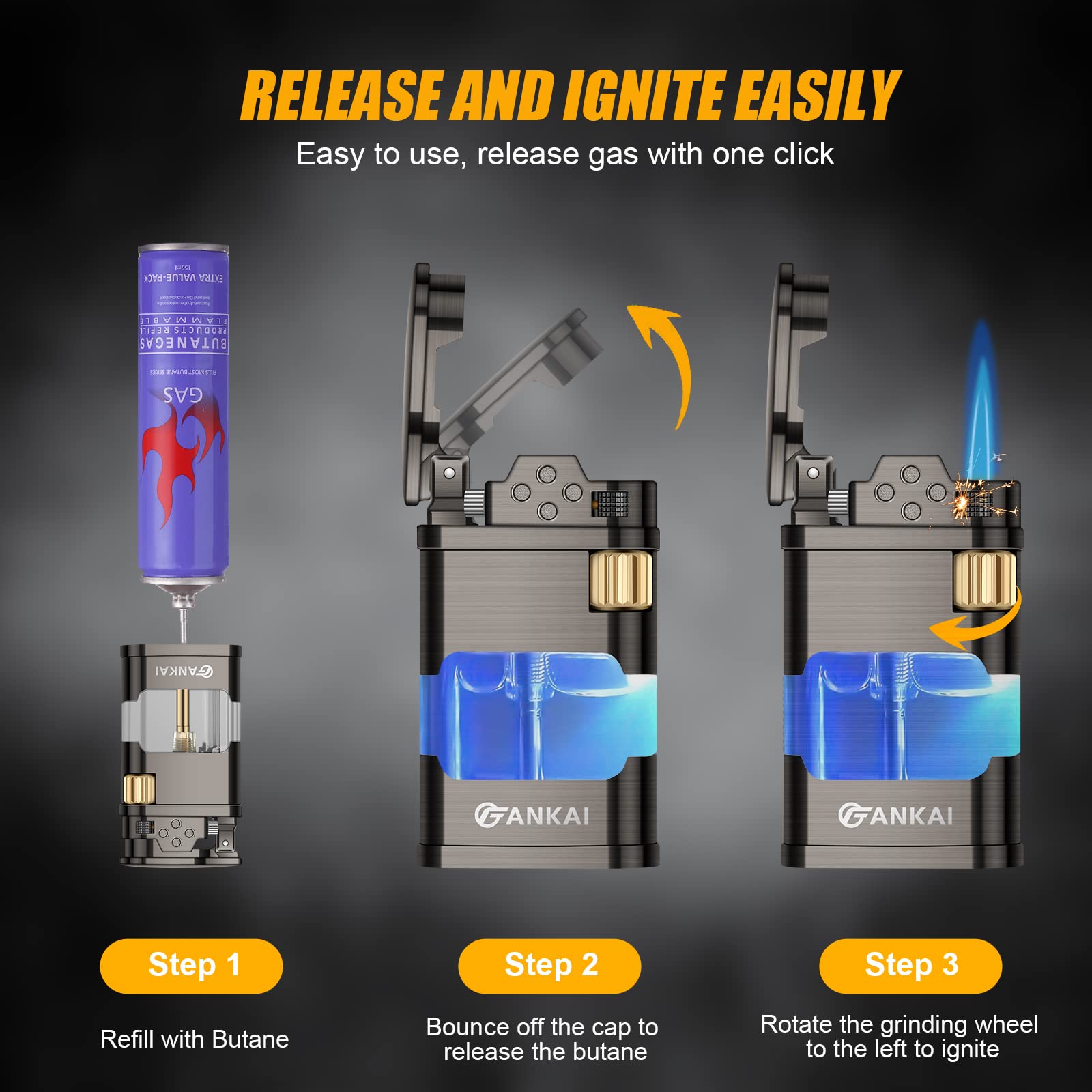 Torch Lighter with LED Light,FANKAI Butane Lighter Single Jet Flame-Butane Torch Lighter with 6PCS Replaceable Flints,Refillable Cool Lighters with ABS Fuel Tank,Retro Grinding Wheel Windproof Lighter