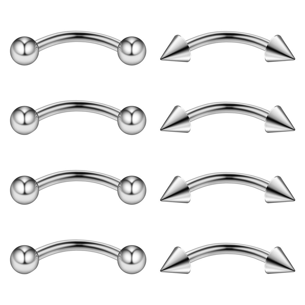 Ruifan 4PRS Eyebrow Piercing Jewelry Curved Barbell with Ball/Spike Kit Eyebrow Tragus Lip Ring 16g 16 gauge 8mm (Steel)