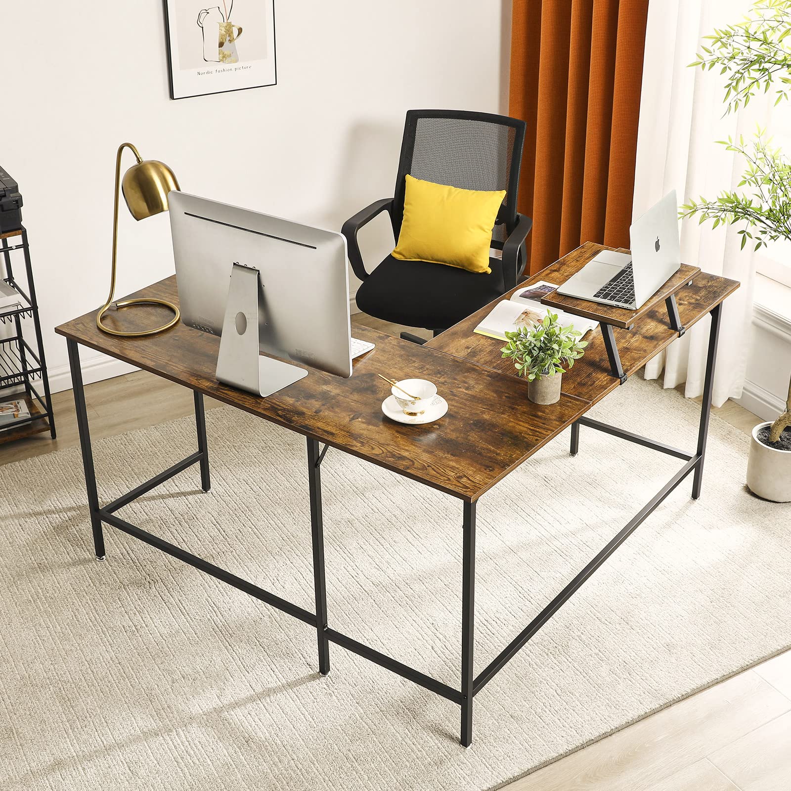 YMYNY L Shaped Computer Desk, Industrial Corner Table for Home Office, PC Laptop Workstation, Study Writing Gaming Table with Monitor Stand, Easy to Assemble, Rustic Brown