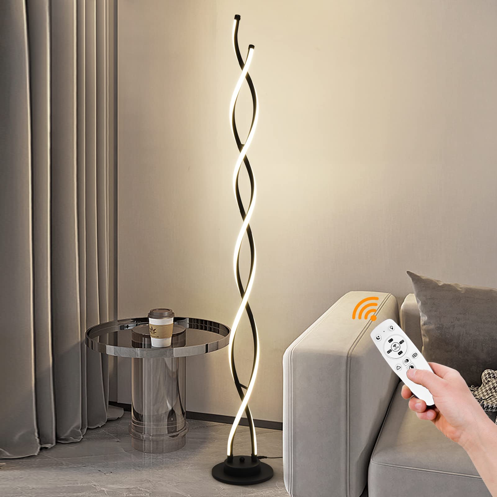 ZxWLife Floor Lamp, LED Modern Floor Lamps for Living Room, 2500LM-40W Lamp for Living Room 3Color Remote Dimmable Standing Lamp, 57" Spiral Black Floor Lamp for Living Room Bedroom Office