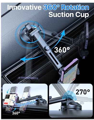 YRU [2024 Upgraded] Universal Car Phone Holder Mount【 360° Rotatable &Strong Suction】 Cell Phone Holder for Car Dashboard Windshield Phone Holder Dash Stand for iPhone 15 14 13 Samsung Truck, Black