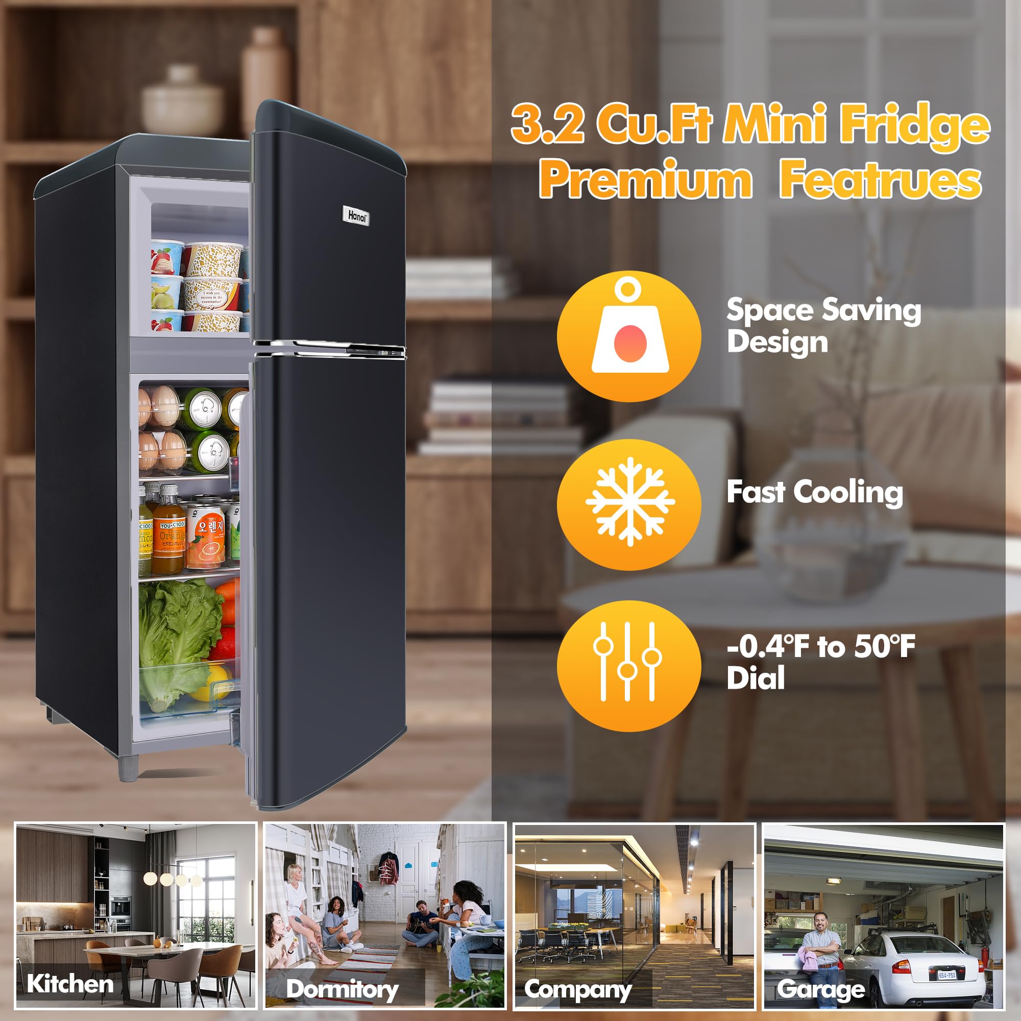 WANAI 3.2 Cu.Ft Mini Fridge Door Design Compact Refrigerator with Freezer,7 Level Adjustable Thermostat Removable Shelves Small Refrigerator for Office Dorm Apartment Black