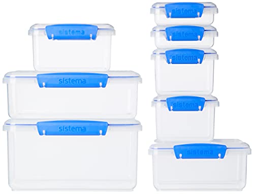 Sistema 16-Piece Food Storage Containers with Lids for Lunch, Meal Prep, and Leftovers, Dishwasher Safe, Clear/Blue