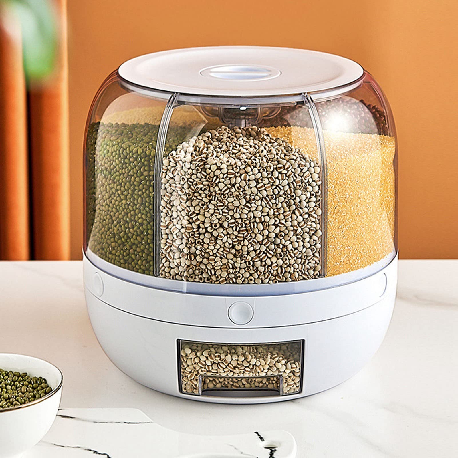 Zerodis Grain Dispenser, 360° Rotating Rice Storage Container with Lid Household Dry Food Bucket for Kitchen Soybean Corn Beans