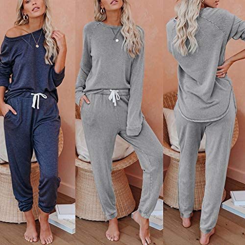 YOCheerful 2Pcs Cotton Blend Women Tracksuit Solid Long Sleeve Tops+Pants Sets with Pockets Leisure Wear Home Wear Suit Navy