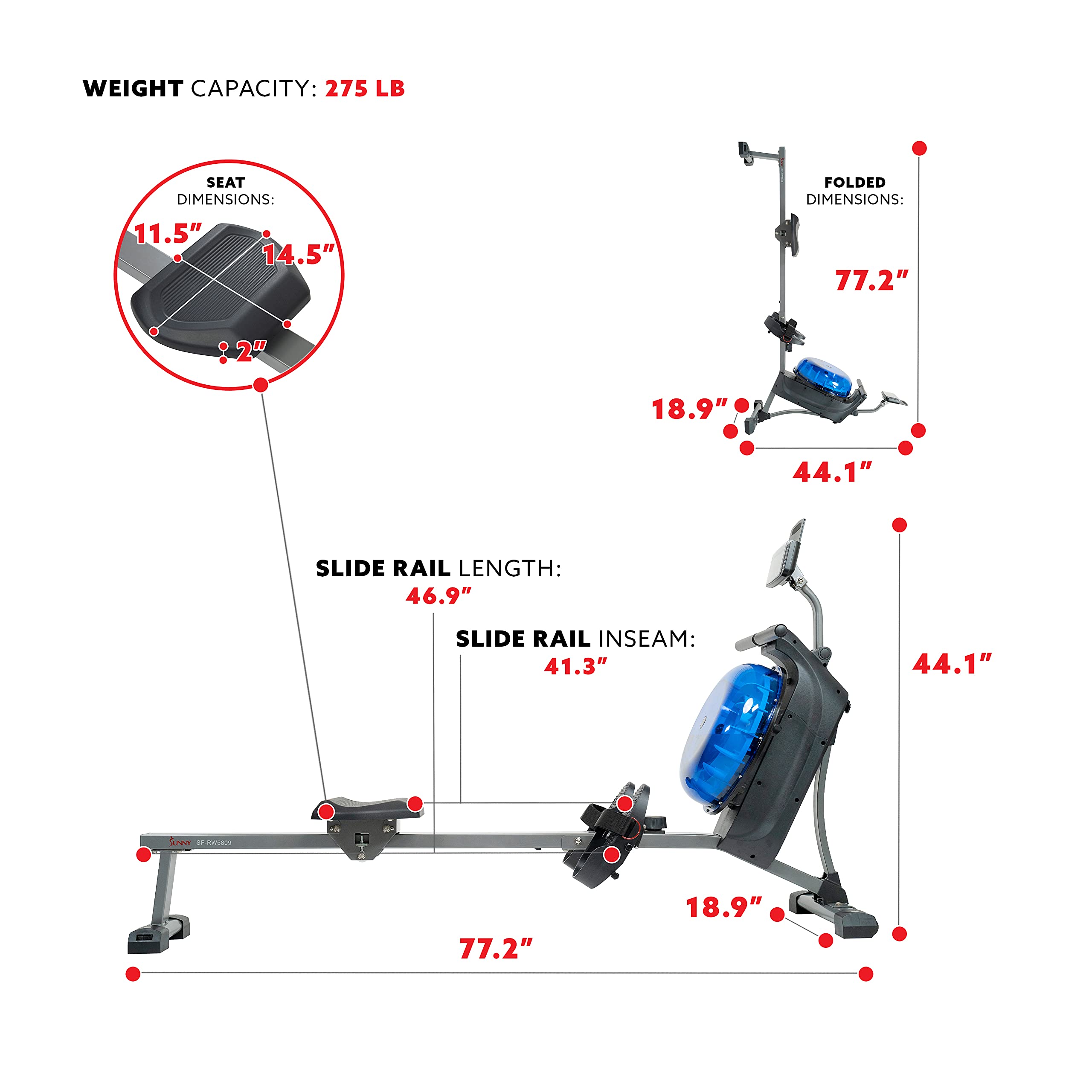 Sunny Health & Fitness Hydro+ Dual Resistance Magnetic Water Rowing Machine (Hydro+), Black