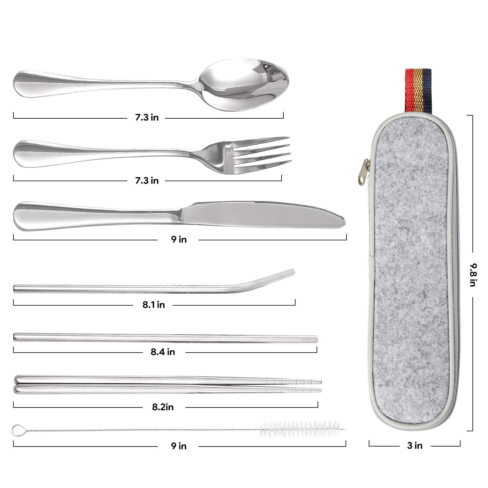 ZXZCTTC 8-Piece Stainless Steel Flatware set, Cutlery Set for Trip Camping,Dishwasher safe,including Knife Fork Spoon Chopsticks Cleaning Brush Straws with Portable Case,Not easy to fade (Silver)