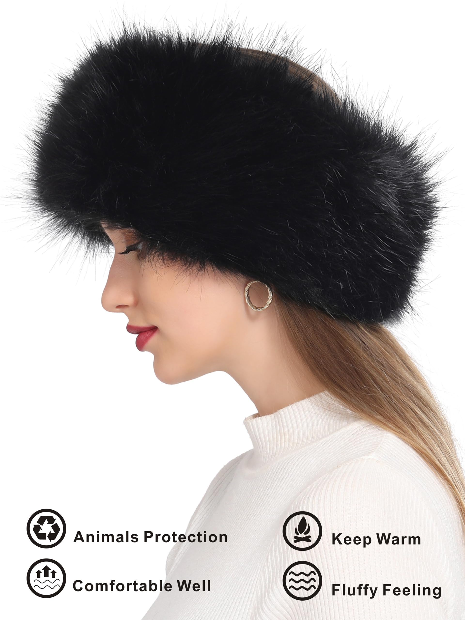 Rulala Fancy Faux Fur Headband for Women Winter Earwarmer Earmuff with Elastic(Black)