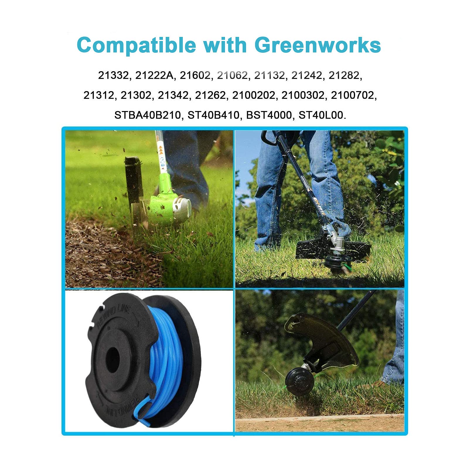 YUEFENG 8 Pack String Trimmer Replacement Spools 29252 Compatible with Greenworks 21332 21342 24V 40V 80V Cordless Trimmer with 16ft 0.065β Single Line + 2 Pack Spool Caps (8 Spools, 2 Caps)