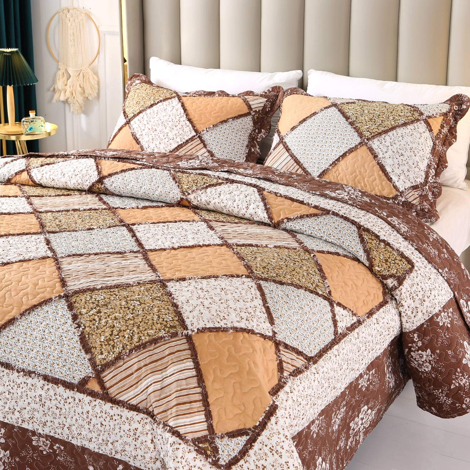 VIVILINEN Patchwork Quilt Set Queen Size 3-Piece Reversible Quilted Bedspread Coverlet Set Floral Stitched Comforter Bedding Set Bed Cover Throw Blanket with 2 Pillow Shams for All Season