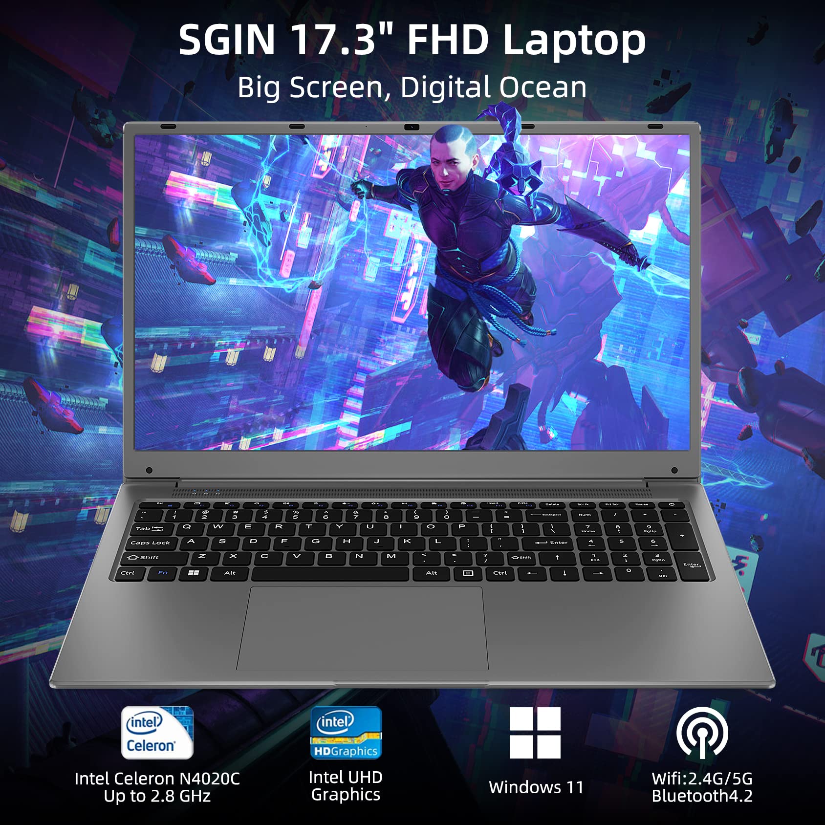 SGIN 17" Laptop, 8GB RAM 256GB SSD Notebook, 17 Inch Laptops with IPS Full HD, Intel Celeron N4020(Up to 2.8GHz), Mini HDMI, Webcam, Dual Wi-Fi, Expandable Storage 512GB TF(Gray)