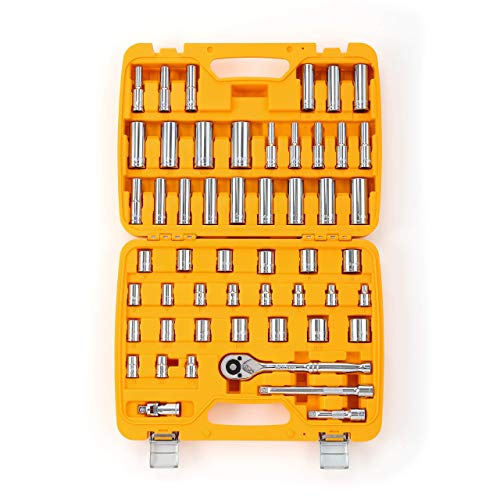 STEELHEAD 52-Piece Mechanics Tool & Socket Set (ANSI Grade), SAE Metric, 3/8” 72-Tooth Quick-Release Ratchet, Standard Deep 6 12 Pt. Sockets, Heavy-Duty Case, SH-01-MTS-C52-0-1