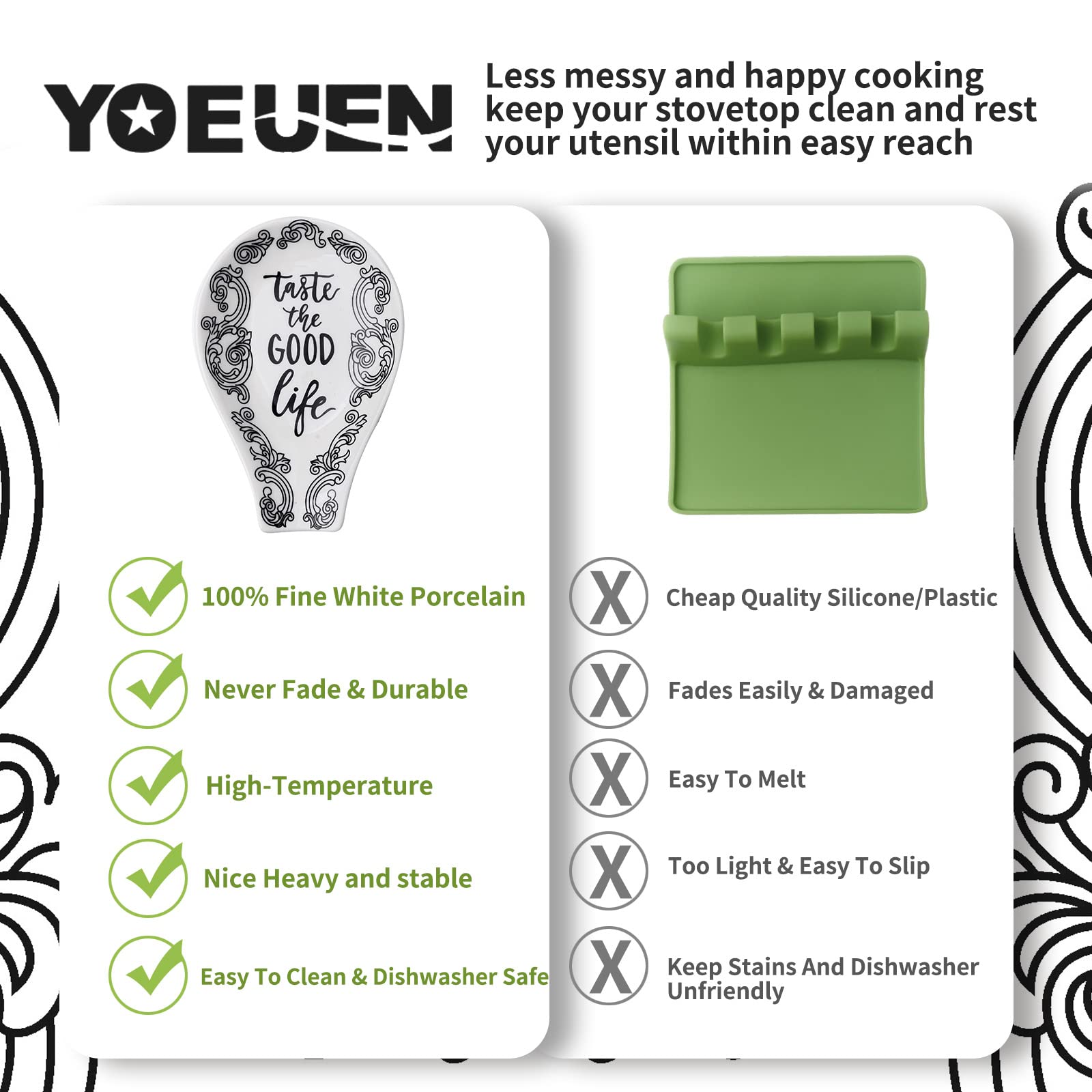 Yoeuen Green Ceramic Spoon Rest for StoveTop, 5.5inch Spoon Holder for Kitchen Counter Heat-Resistant, Classic Style Large Utensil Rest for Spatula, Spoons or Tongs, 1pcs