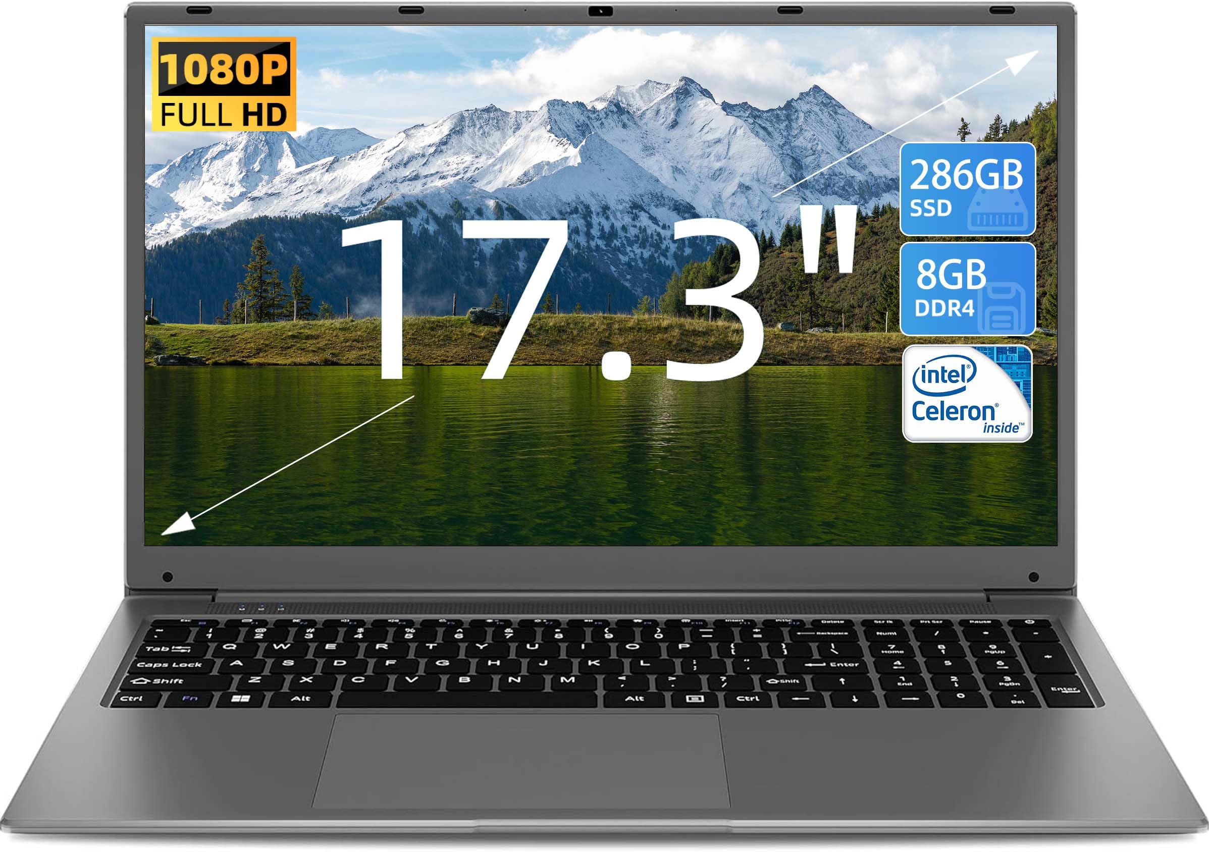 SGIN Laptop 8GB RAM 256GB SSD, 17" Notebook, Laptops with IPS Full HD Display, Intel Celeron Quad Core J4105(Up to 2.5 GHz), Mini HDMI, Webcam, Wi-Fi, Expandable Storage 512GB (Gray)