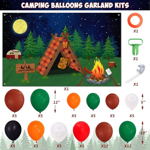 Vansolinne Camping Party Decorations Camping Adventure Happy Camper Night Forest Campfire Tent Scene Backdrop Banner & Balloons Garland Kit, Theme Birthday Classroom Decor Background Photo Props