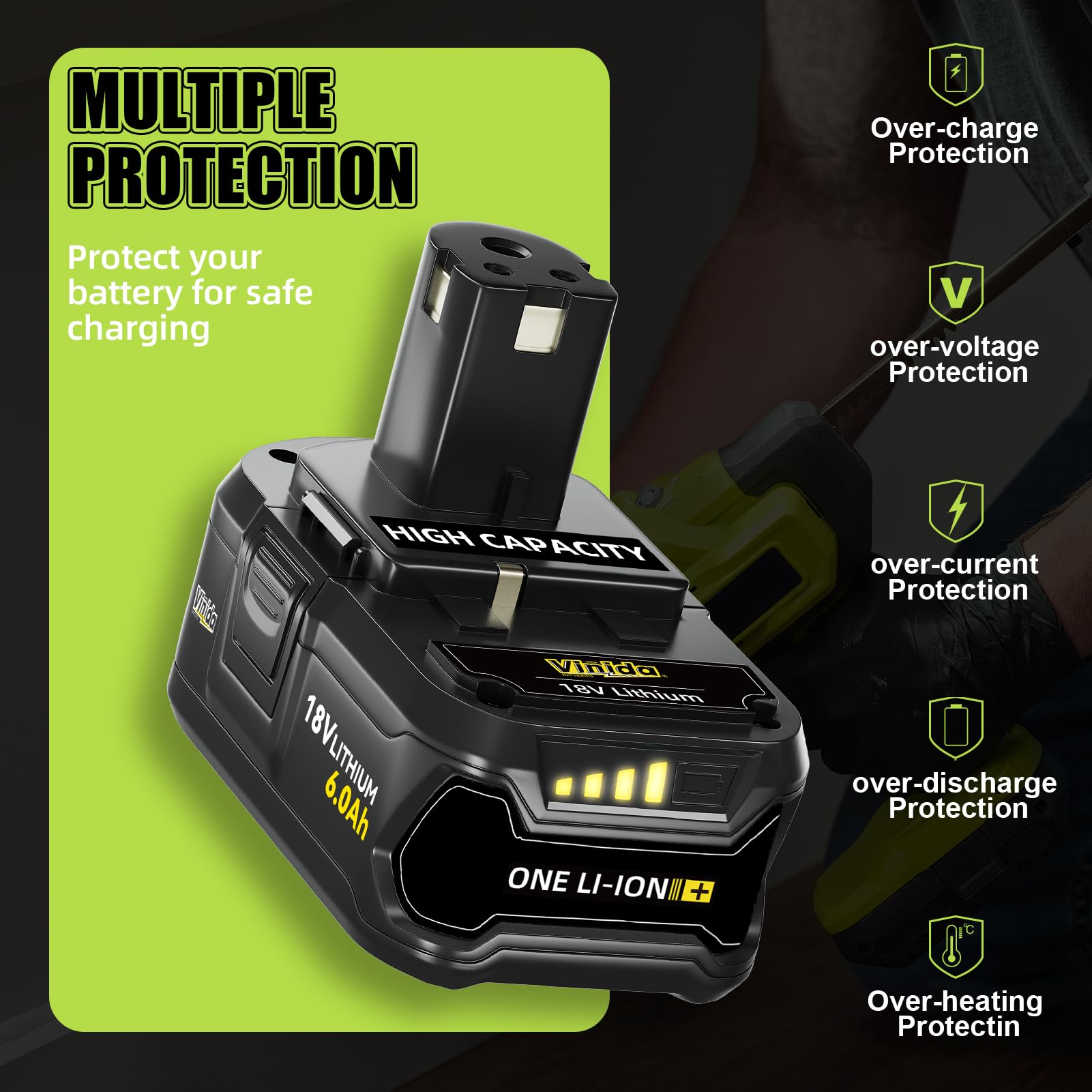 VINIDA 2Pack 6.0Ah 18V P108 Battery Replacement for Ryobi 18V Battery Lithium Compatible with Ryobi Battery P102 P104 P109 Cordless Power Tools