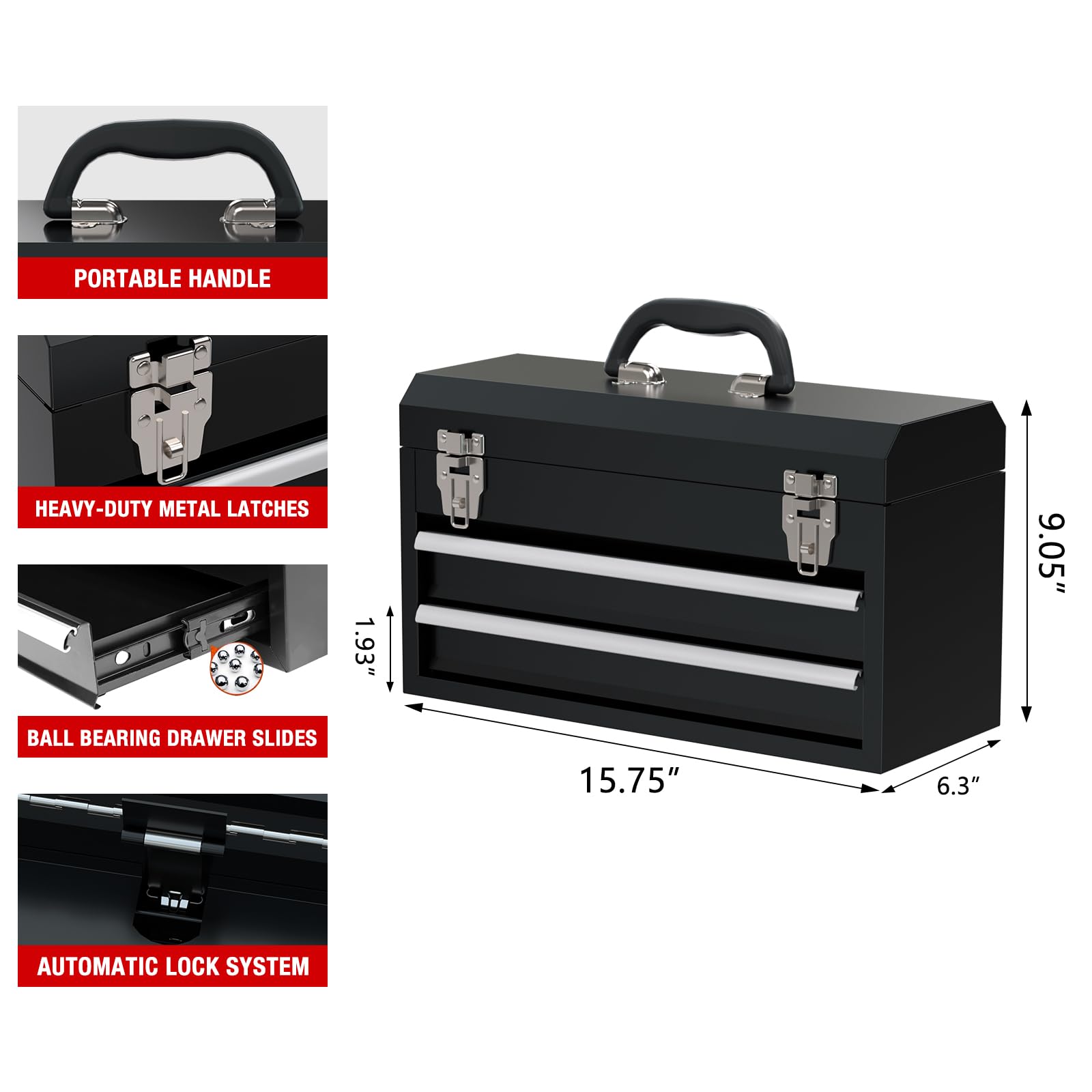 UNITEDPOWER Portable Metal Tool Box,2-Drawer Steel Organization Micro Tool Chest for Household, Warehouse, Repair Shop, Black