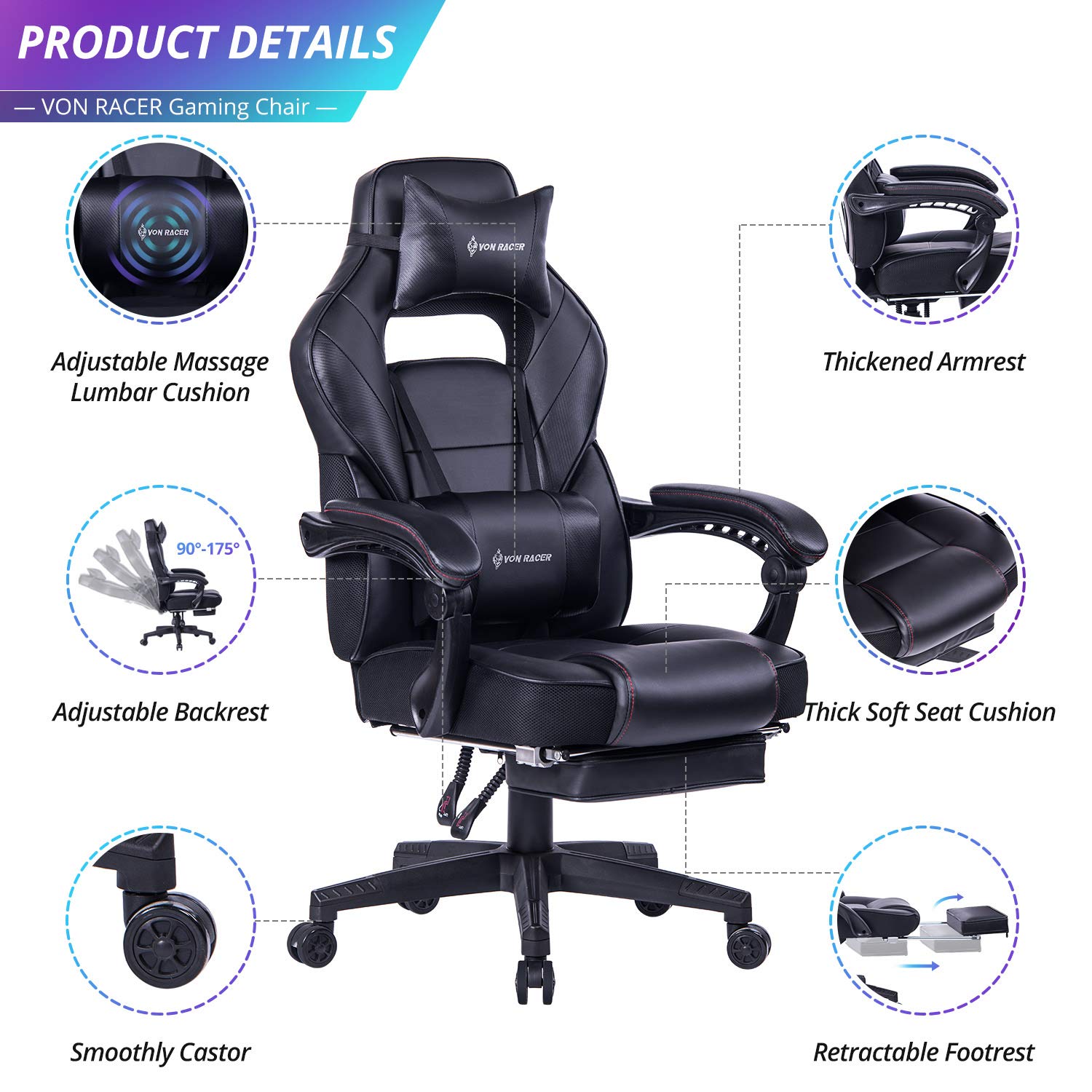 VON Racer Reclining Gaming Chair with Massager, Ergonomic High-Back Racing Computer Desk Office Chair Footrest Lumbar Cushion