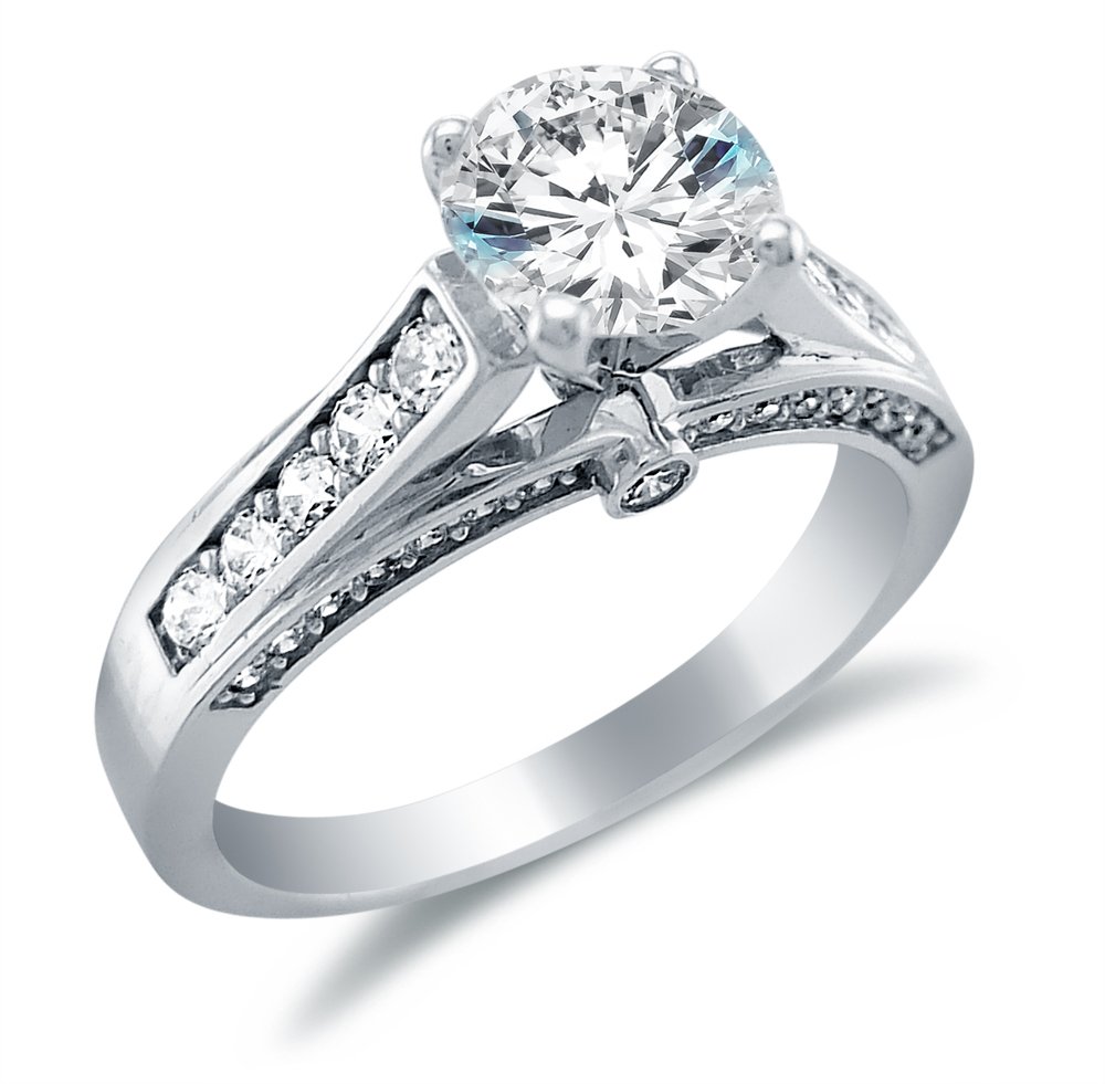 Size 10 - Solid 14k White Gold Round Brilliant Cut Solitaire with Round Side Stones CZ Cubic Zirconia Engagement Ring 1.5ct.
