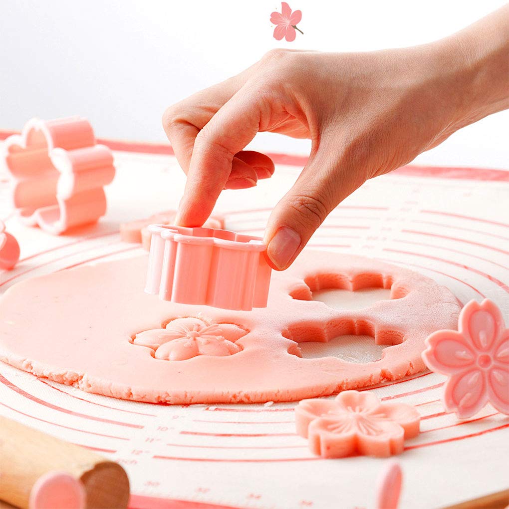 Goeielewe Pastry/Cookie/Fondant Stamper, 2-Inch Press Cookies Mold with 4 Stamps Pink Cherry Blossom Shape Flower Hand Pressure Pastry Tool Fondant Cutters Set for Baking