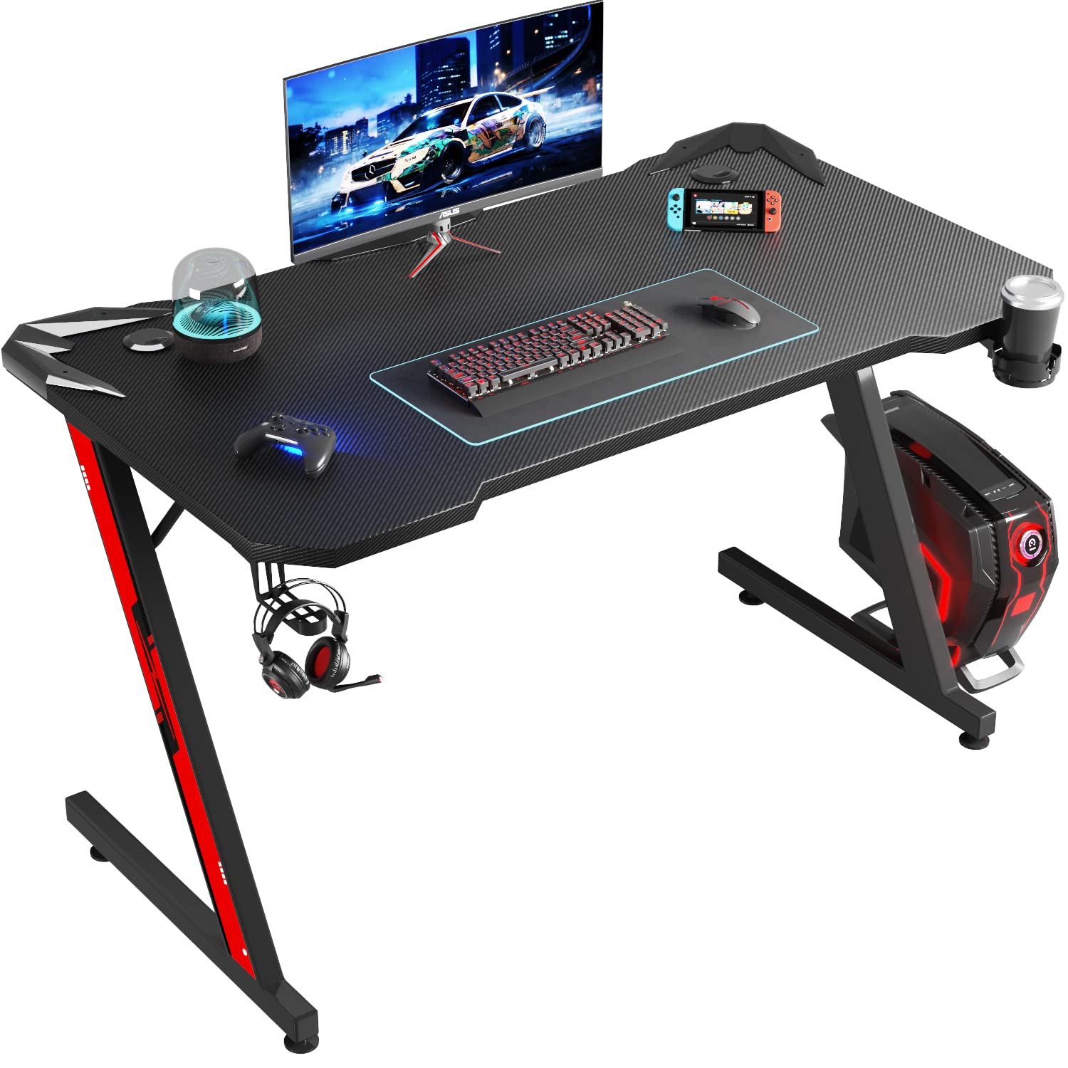 Shahoo PC Gaming Desk 32 Inch Z Shaped Carbon Fiber Surface Desktop Computer Table with Cup Holder & Headphone Hook, 32 in, Gray