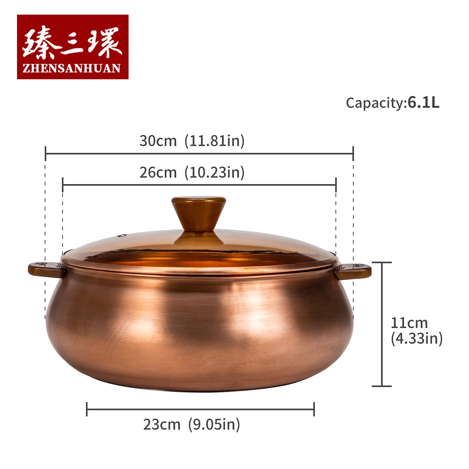ZhenSanHuan Chinese Traditional old fashioned Copper Hot Pot (6L, double flavor)