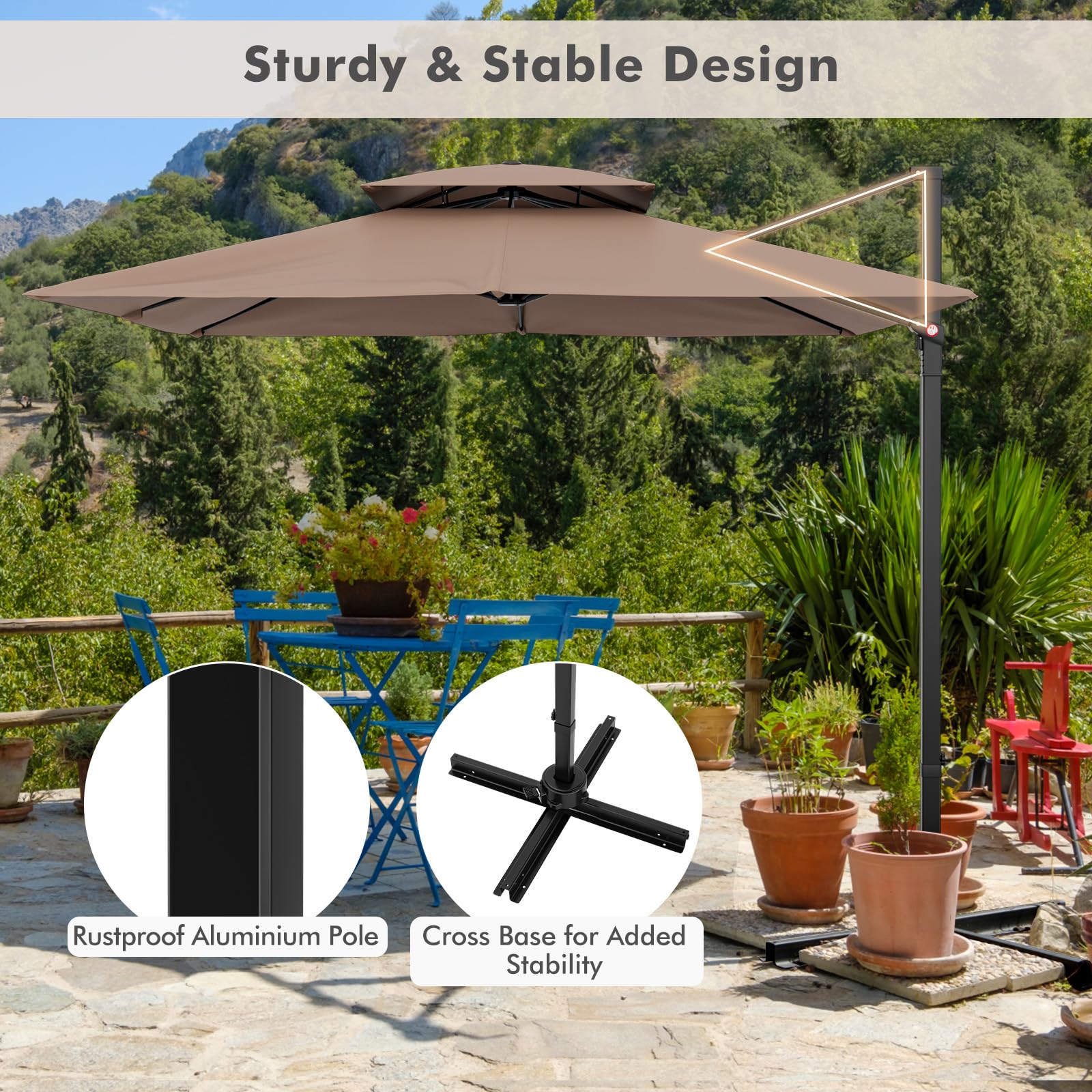 Tangkula 9.5 FT Cantilever Patio Umbrella, Outdoor Square Offset Umbrella with 360癛otation, Double Top Heavy Duty Patio Hanging Umbrella with Cross Base for Garden Deck Pool Backyard (Navy)
