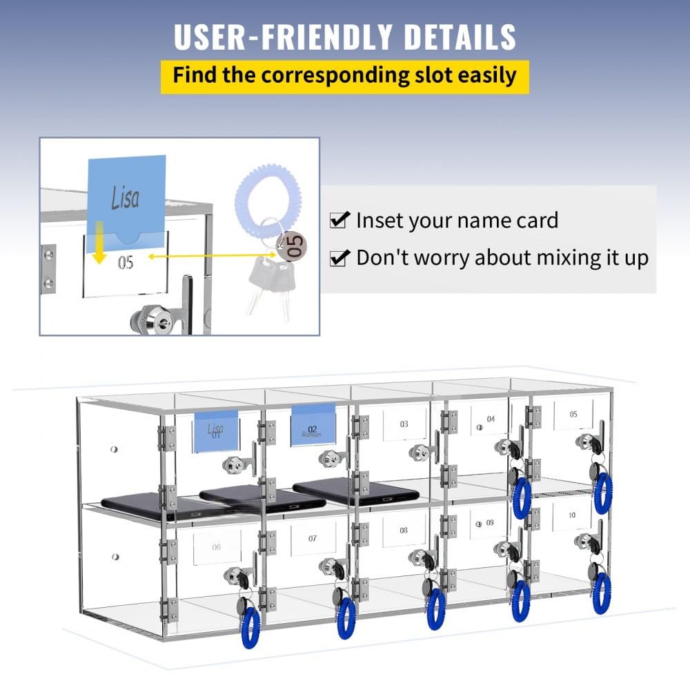 WACTO Acrylic Wall-Mounted Cell Phone Storage Locker with 10 Slots, Door Locks and Keys - Ideal for Office, Classroom, Gym - Clear