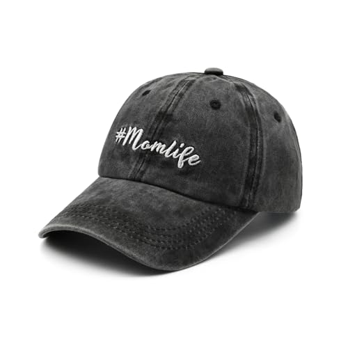 Waldeal Women's Adjustable Embroidered Mom Life Hat Vintage Washed Baseball Cap Black