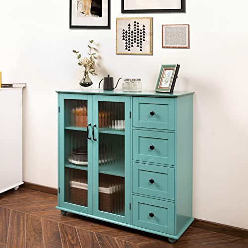 Scurrty 36'' Coffee Bar Cabinet Buffet Sideboard Table with Storage, Glass Display Cabinet, 4 Drawers & 2 Doors Kitchen Cupboard, Storage Organizer for Dining Room, Living Room, Entryway, etc (Green)