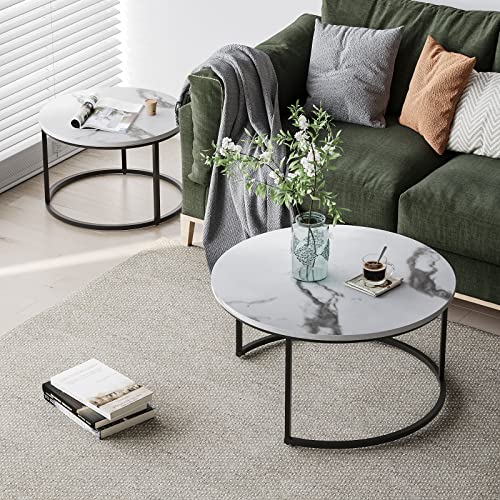 Smuxee White Nesting Coffee Table Set of 2, 31.5" Round Coffee Table Wooden Marble Pattern with Adjustable Non-Slip Feet, Industrial End Table for Living Room Bedroom Balcony