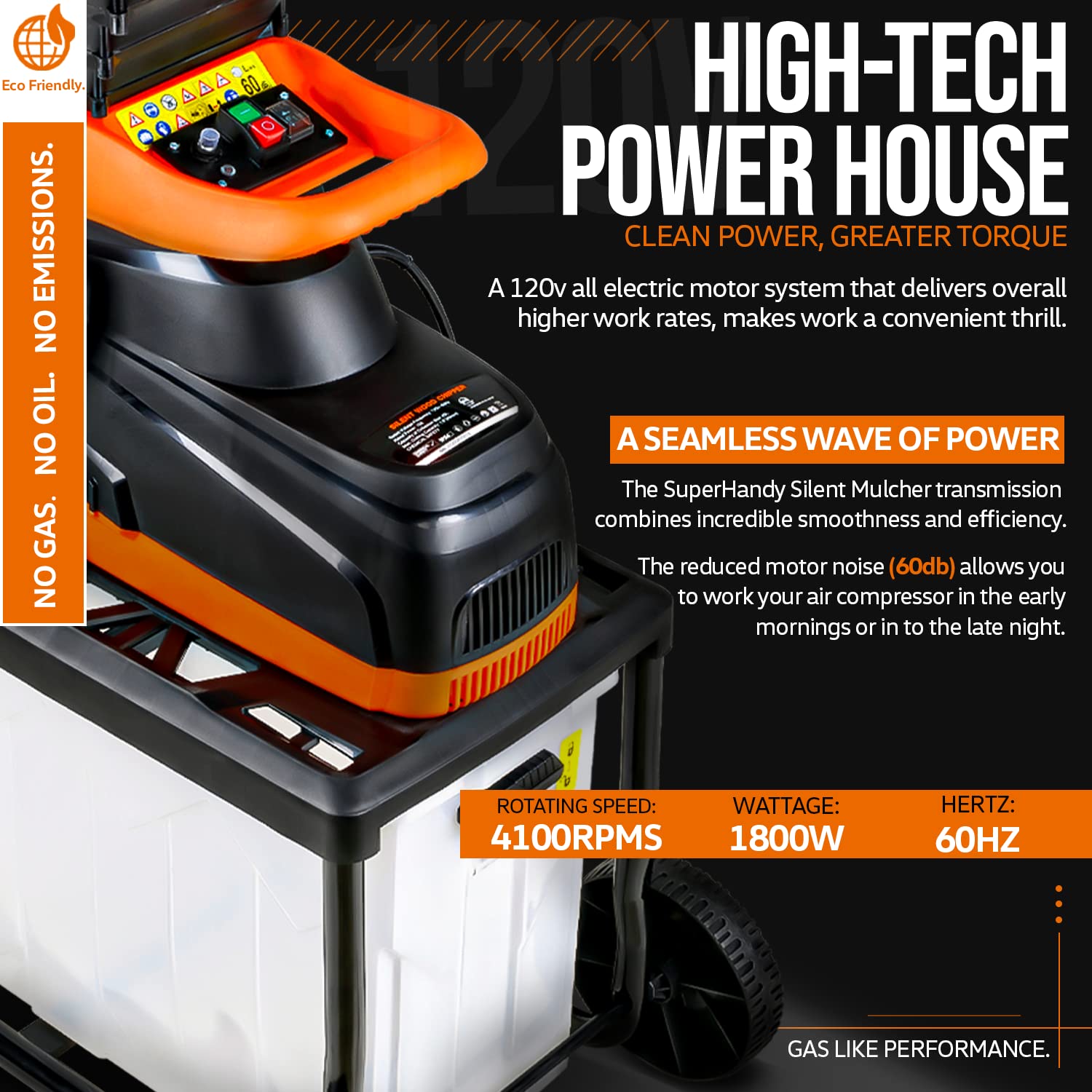 SuperHandy Wood Chipper Silent Ultra Quiet Electric 14.5-Amp 1800Watt 120VAC 1.5-1.7 Inch Max Capacity 17:1 Reduction 40L Collection Bin for Fire Prevention and Firebreaks