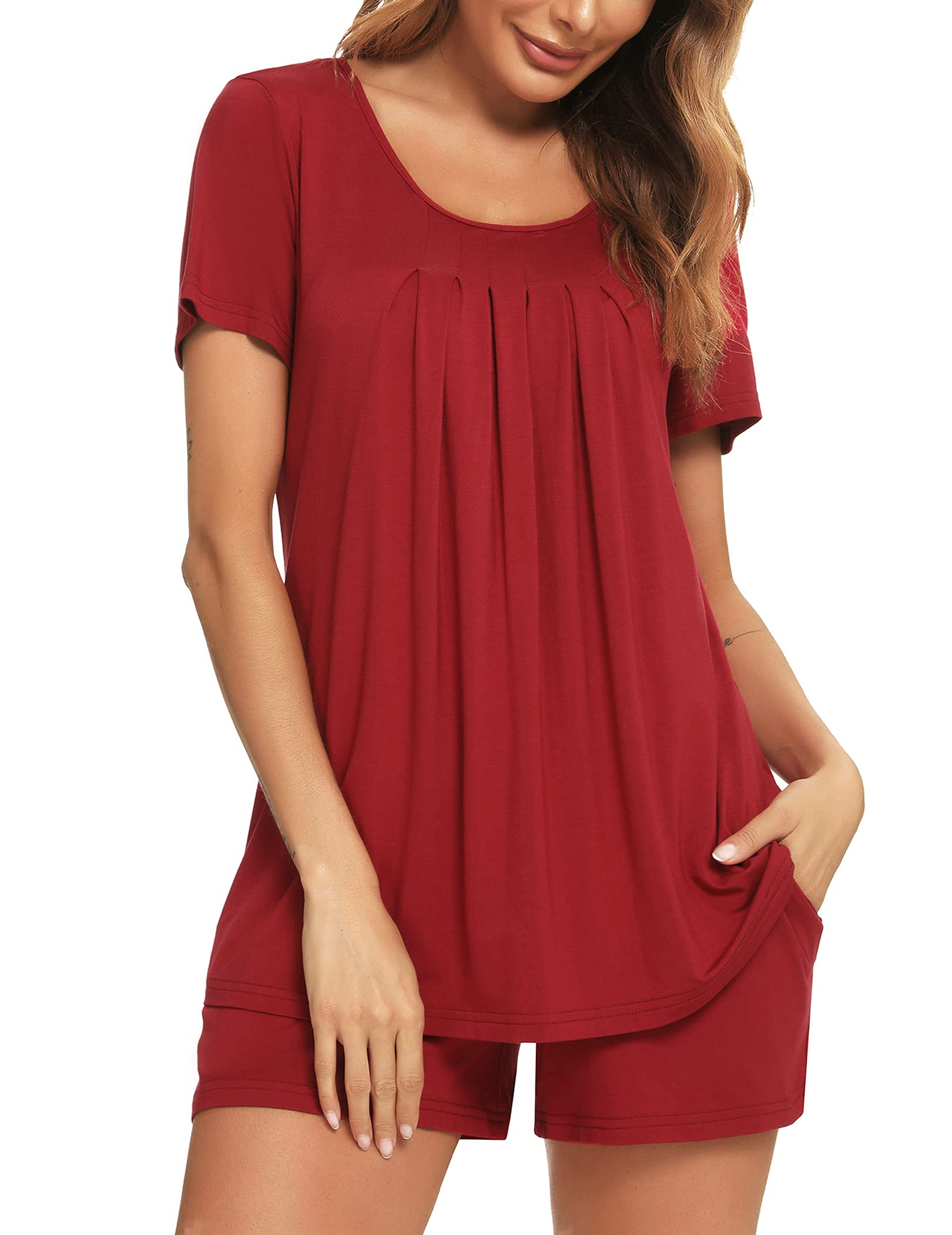Roojaa Womens Pajama Set Pleated Loose Short Sleeve Pjs Soft Summer Casual Sleepwear