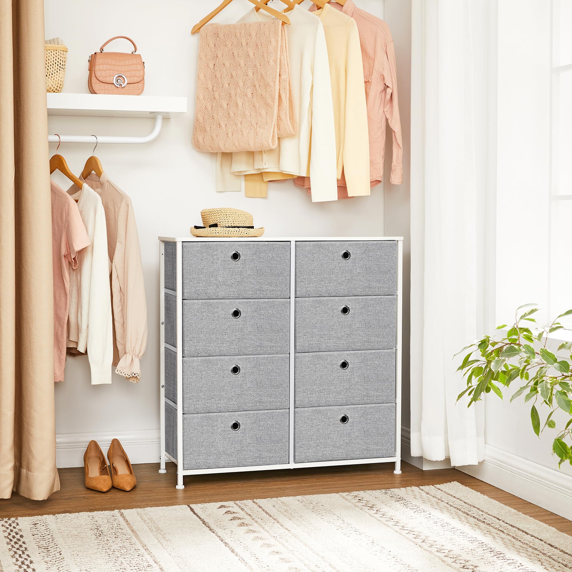 SONGMICS 4-Tier Storage Dresser with 8 Easy Pull Fabric Drawers and Wooden Tabletop for Closets, Nursery, Dorm Room, Light Gray and White ULTS24W