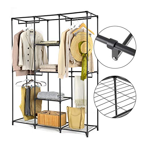 SONGMICS Wardrobe Closet, Non-Woven Fabric Clothes Closet, Mesh Shelves, Clothes Storage Organizer with Door, Black URYM34BK
