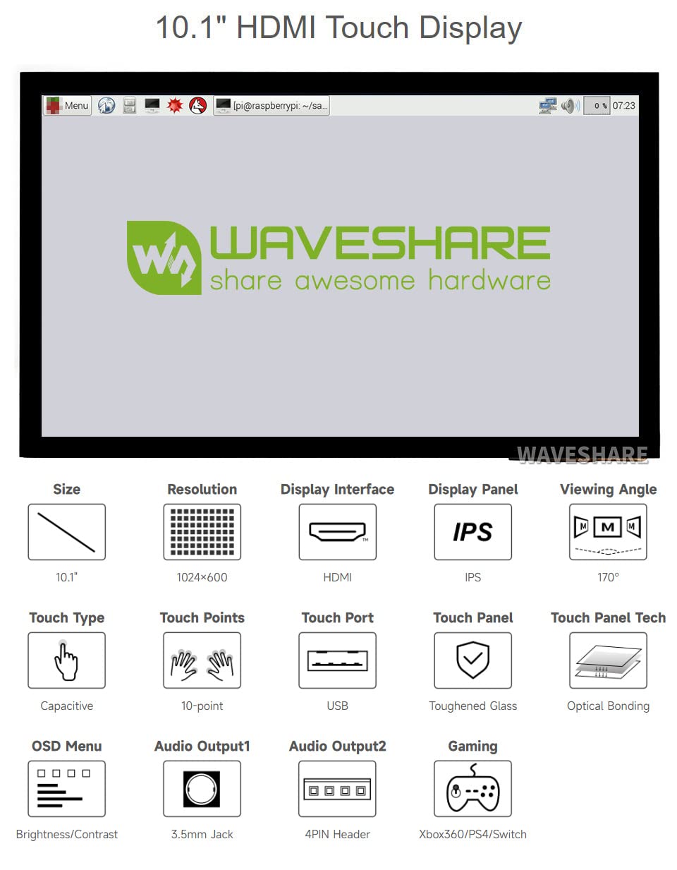 waveshare 10.1inch Capacitive Touch Screen LCD Compatible with Raspberry Pi 5/4B/3B+/3A+/2B/B+/A+/Zero/Zero W/WH/Zero 2W CM3+/4 1024×600, HDMI IPS 10-Points Touch Supports Windows/Jetson Nano