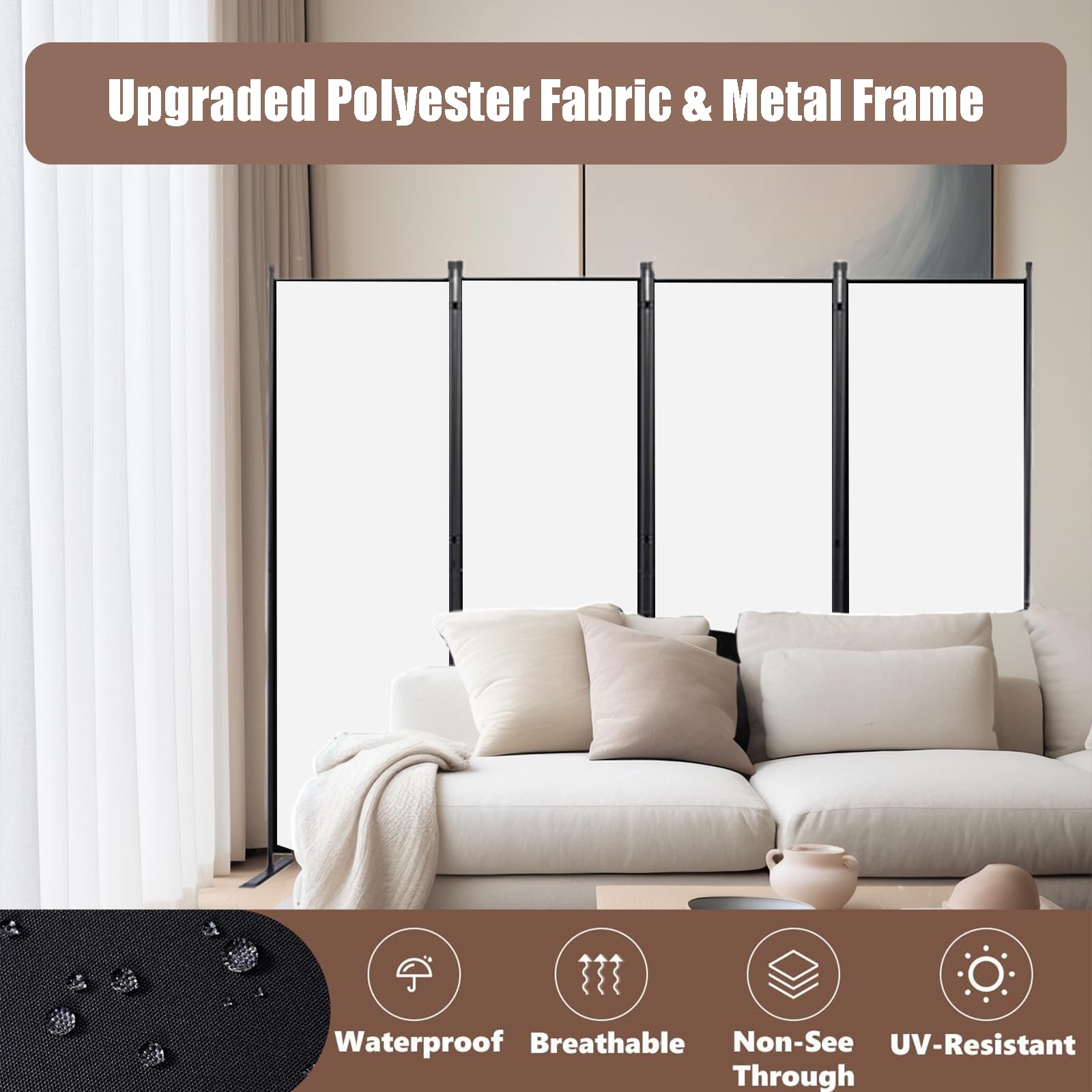 Room Dividers Folding Privacy Screens 4 Panel Partition Screen Steel Frame& Frabic Office Partition for Home Office Dorm (WHI)