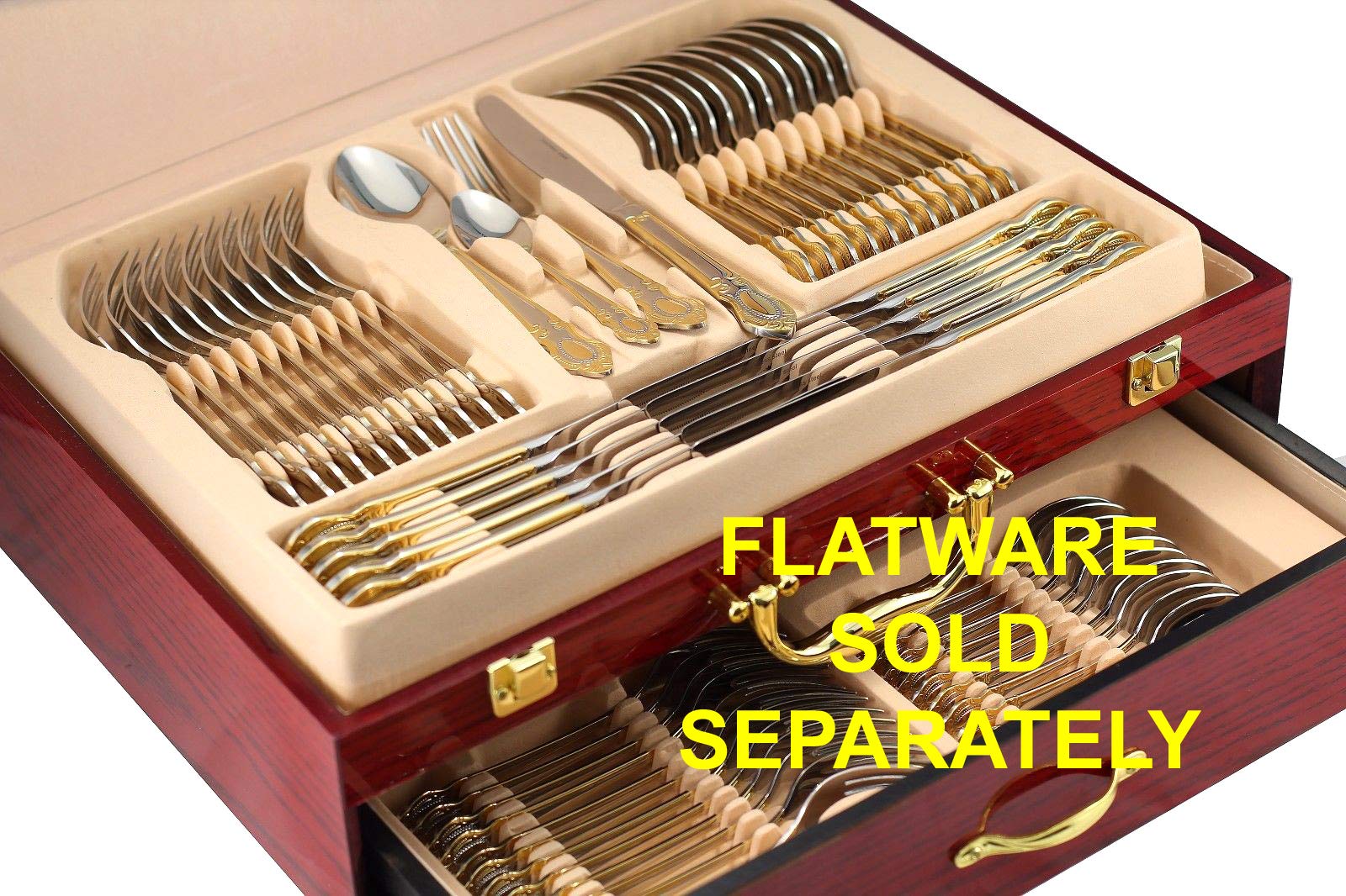 Venezia Collection Flatware Chest holds up to 75 Pieces of Silverware Forks Knives Spoons, Deluxe 2-Drawer Storage Box Case w/High Gloss Finish, Gold-plated Handle & Latches