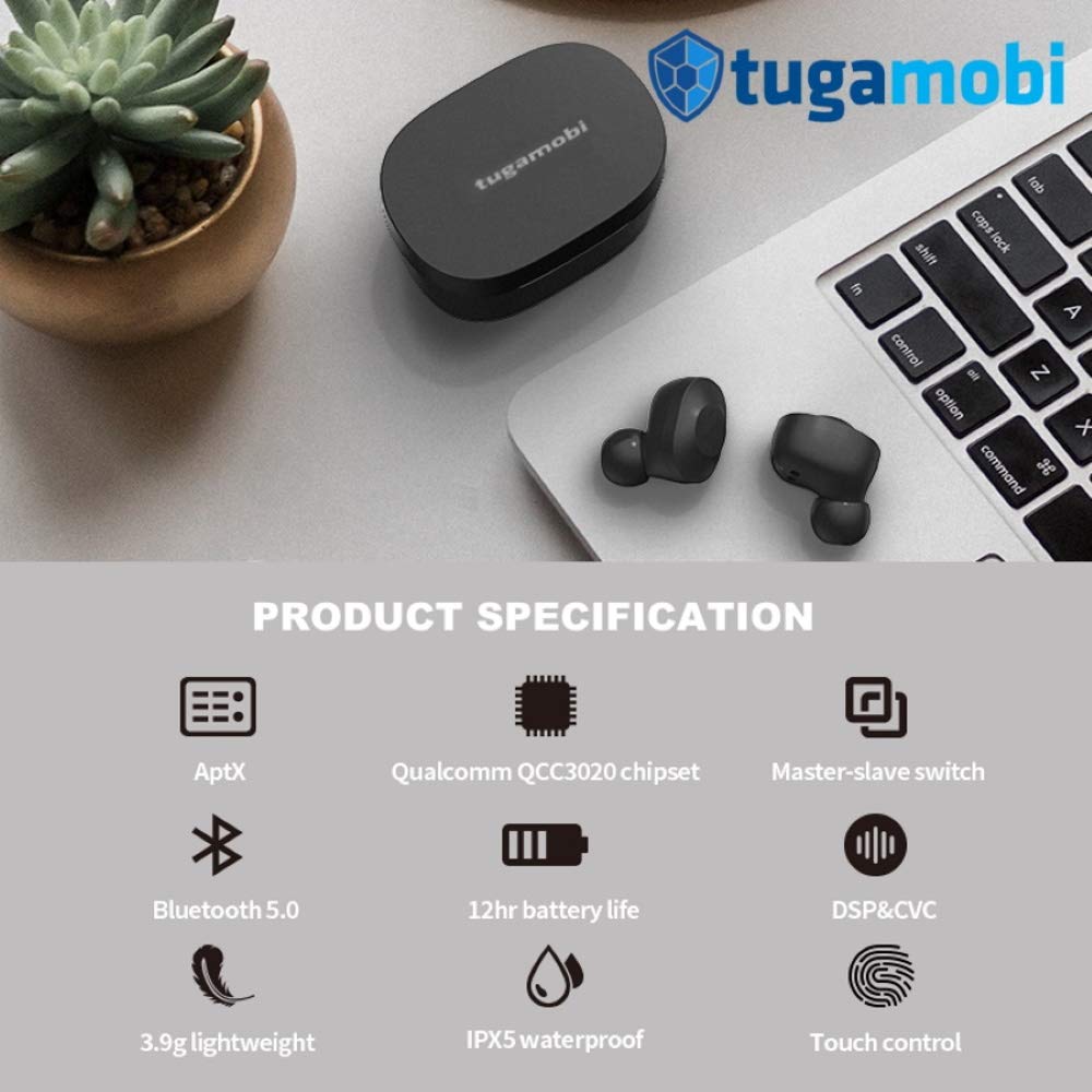 tugamobi SA01 Bluetooth 5.0 True Wireless Stereo Earbuds with 130 Hours of Standby Time Water-Resistant Easy Pairing High Talk Quality Music Playback Light Weight Portable