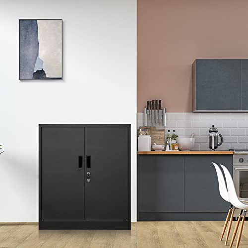 TaskStorz Metal Garage Storage Cabinets,Metal File Cabinet with 2 Adjustable Shelves, Lockable Storage Cabinets for Office, Home, Garage, Warehouse 36" H x 31.5" W x 15.7" D (Black)
