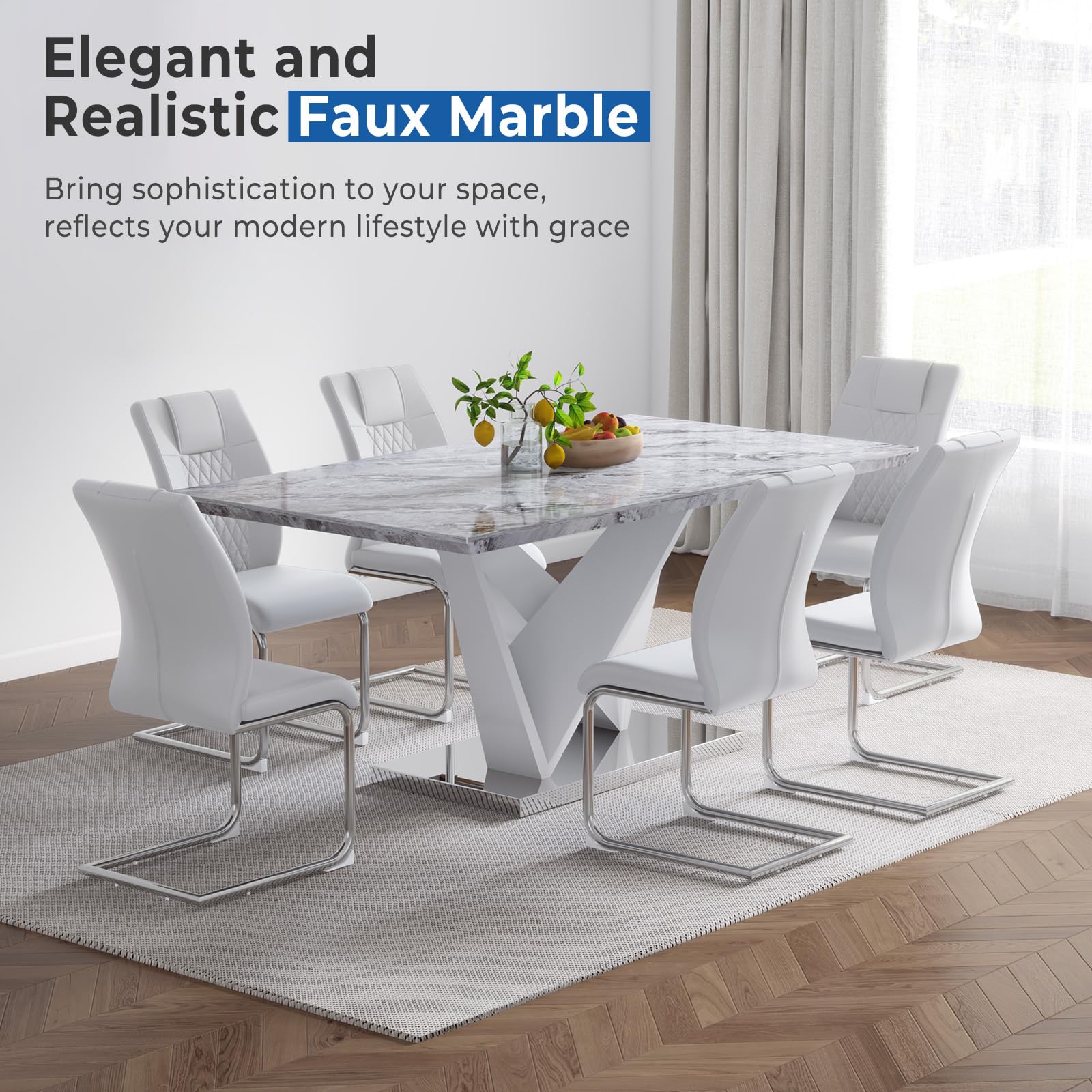Tatub Modern Dining Table Set for 6, Faux Marble Dining Table with 6 PU Leather Chairs, 70.87" Rectangular Dining Room Table with Grey Marble Tabletop and X Shape Base for Dining Room, Kitchen