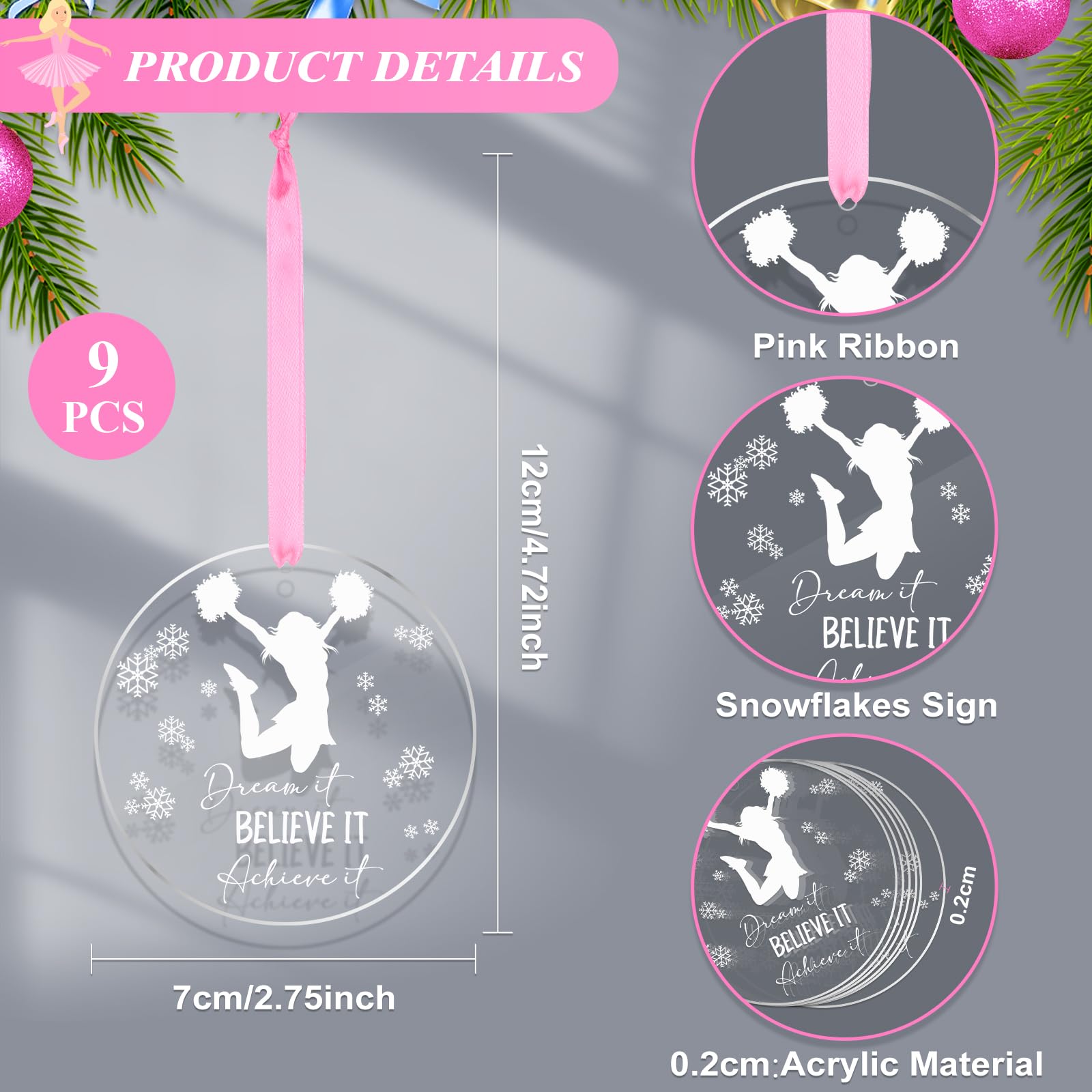 Roowest Hanging Ornament, Cheerleader Style 18 Pcs, Acrylic Christmas Ornament for Tree, Believe It Dream It Achieve It Cheerleading Coach Gift