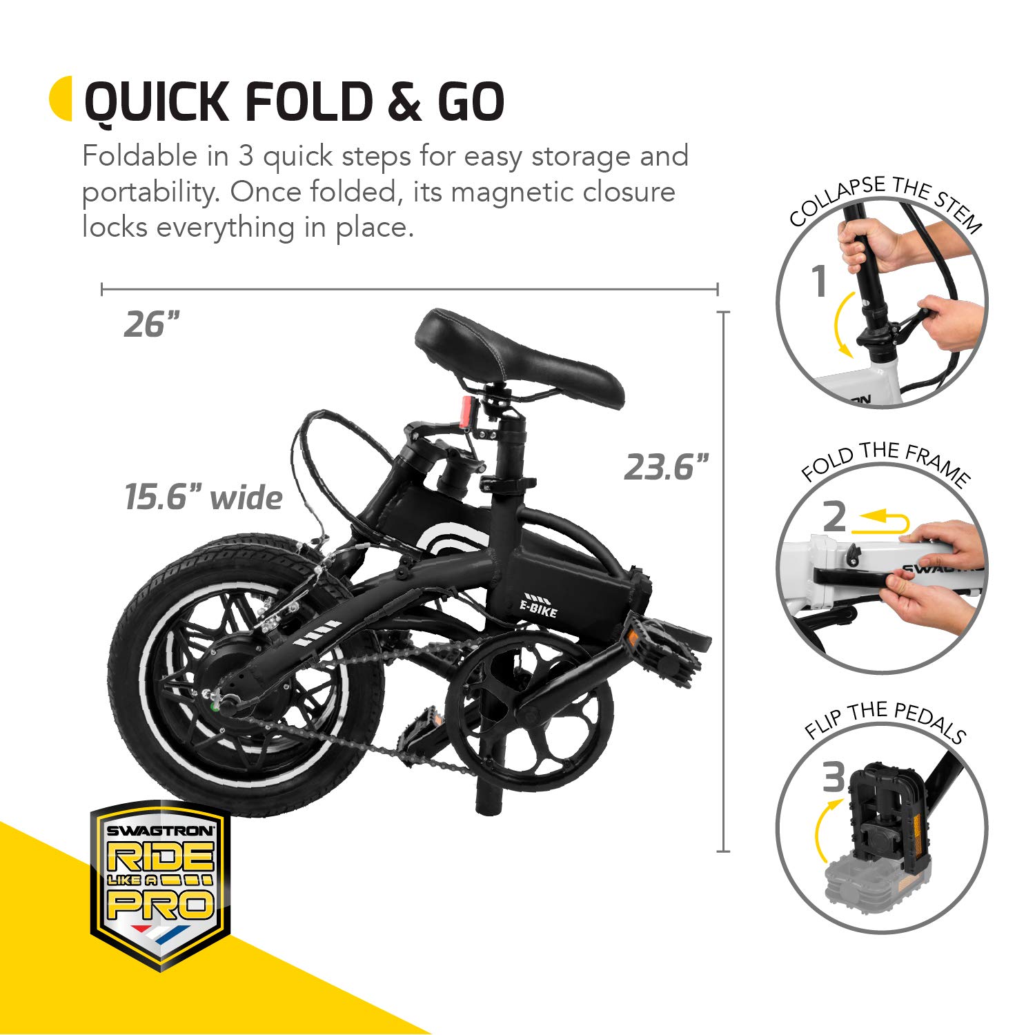 Swagtron Swagcycle EB-5 PLUS Folding Electric Bike with Pedals and Removable Battery, Black, 14" Wheels