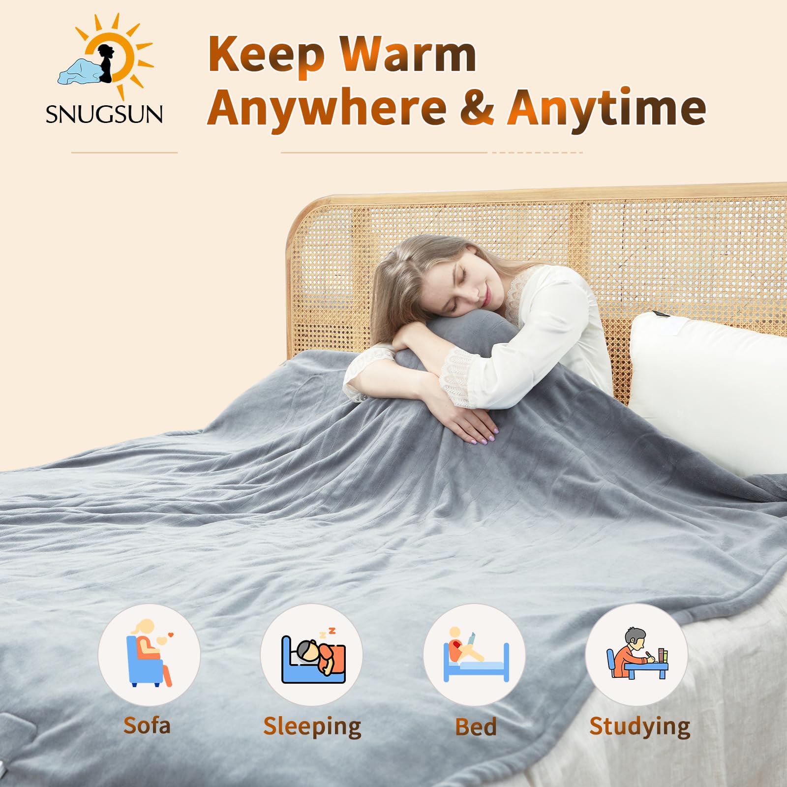 SNUGSUN Heated Blanket Twin Size 62"x 84", Microplush Flannel Electric Blanket, Soft Durable & Anti-pilling Heating Blanket, Fast Heating 6 Heating Levels & 10 Hours Auto-off, Dark Grey