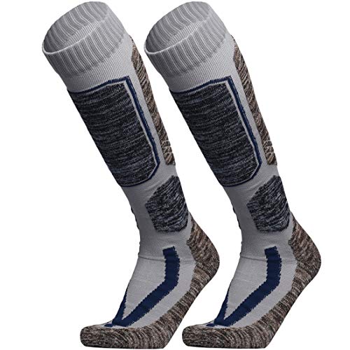 WEIERYA Ski Socks, Warm Knee High Performance Skiing Socks, Snowboard Socks (Grey 2 Pairs, Large)