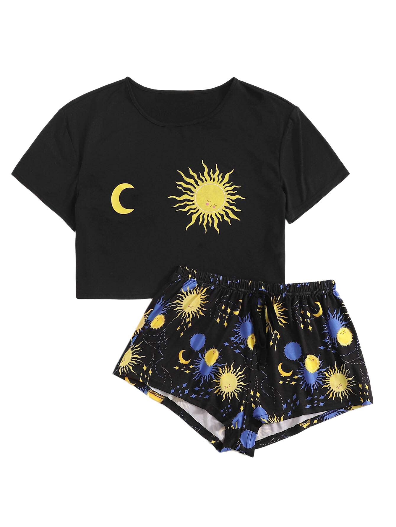 SweatyRocks Women's Cute Graphic Print Short Sleeve Crop Top with Shorts Pajama Set Black L
