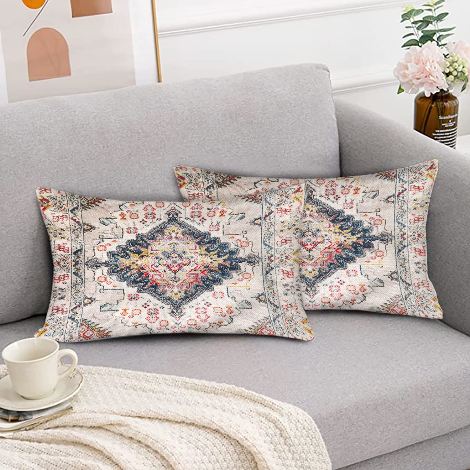 Snycler 2Pcs Boho Style Throw Pillow Cover Ethnic Design Pattern Linen Persian Carpet Tribal Pattern Throw Pillow Case Cushion Cover Home Office Decorative Square 18x18 inch