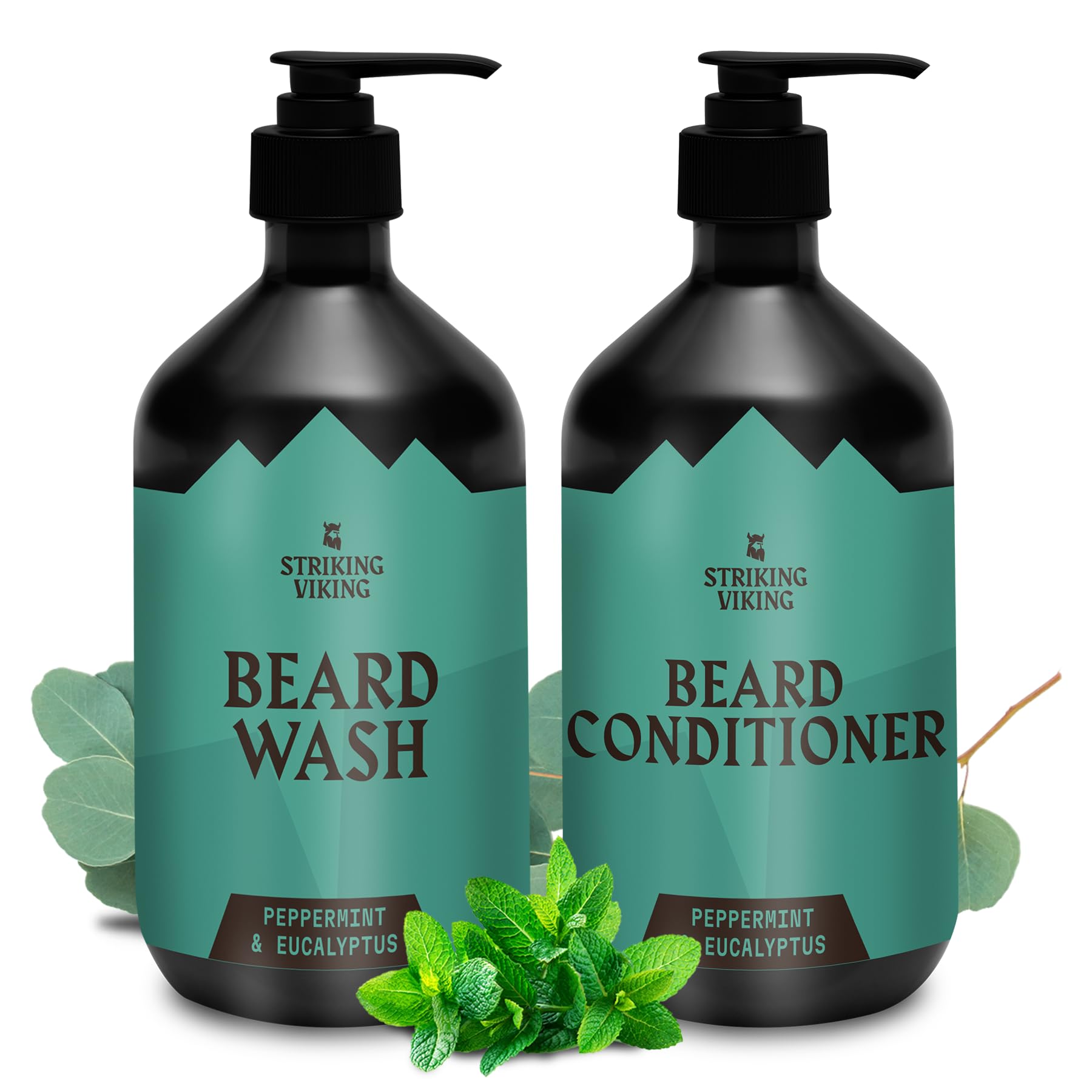 Striking Viking Beard Wash and Conditioner (Peppermint & Eucalyptus) - Paraben & Sulfate Free Beard Shampoo & Beard Conditioner For Men with Jojoba Oil - Care For All Beard Types (10oz Per Bottle)