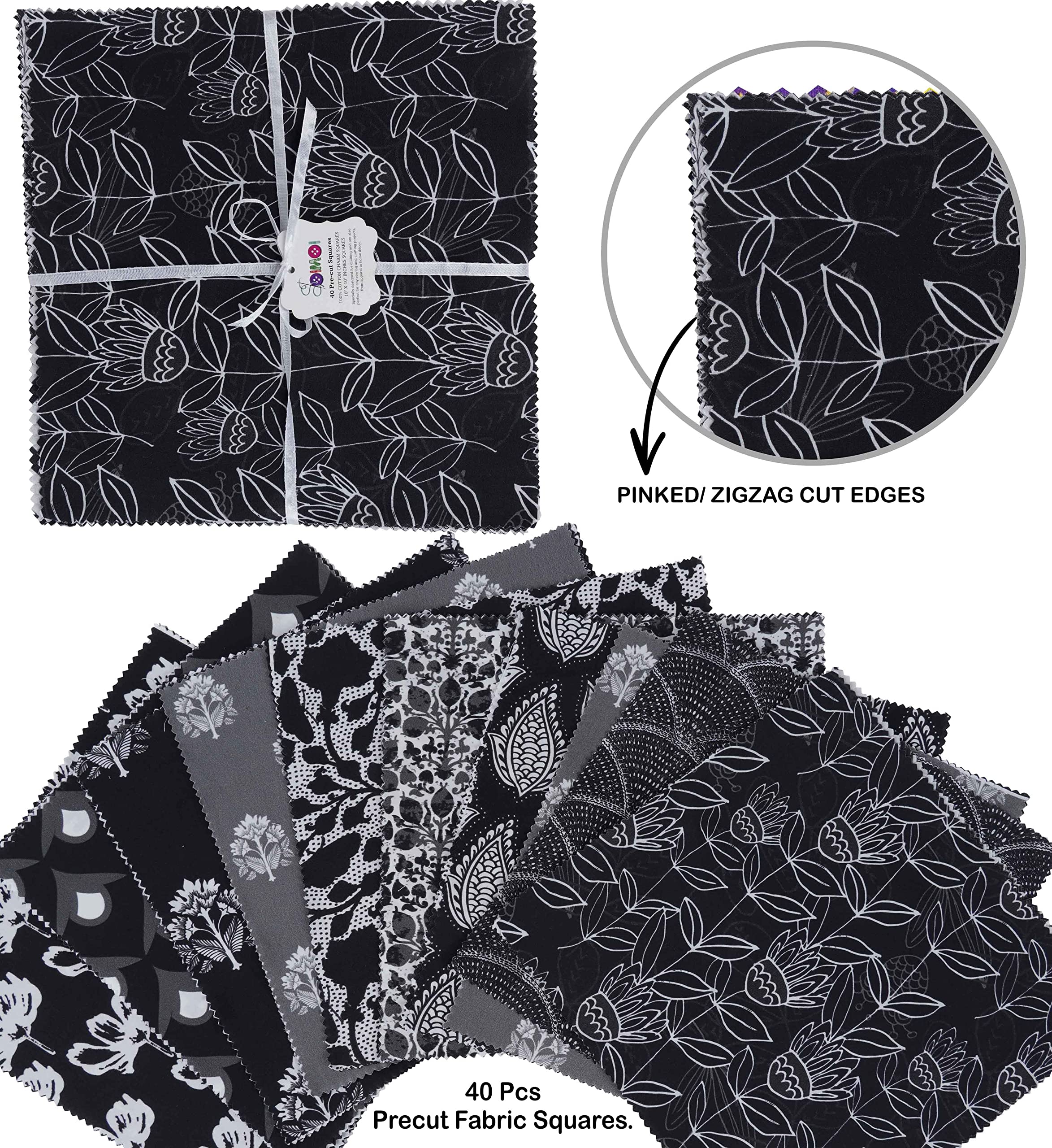 Soimoi Precut 10-inch Block Prints Cotton Fabric Bundle Quilting Squares Charm Pack DIY Patchwork Sewing Craft- Black & Gray