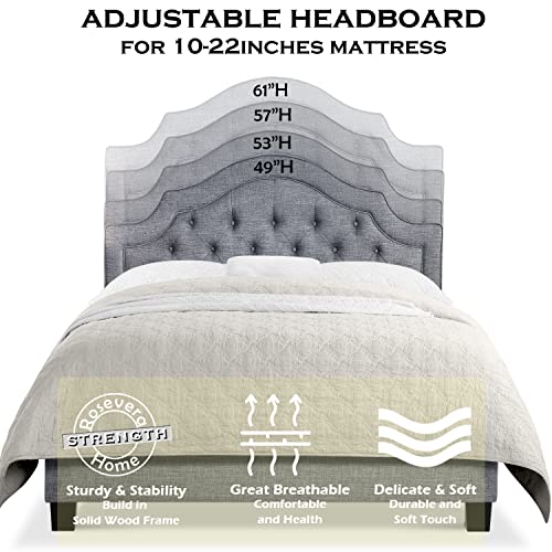 Rosevera Angelo Linen Upholstered Bed with Adjustable Headboard and Button Tufting, Full, Gray